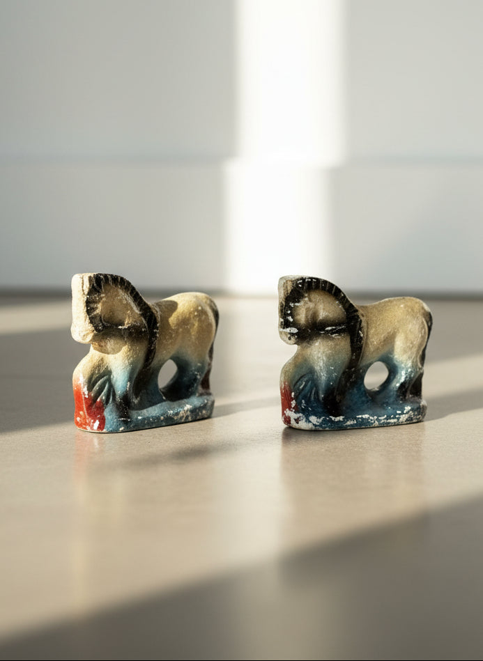 Pair of Mid-Century Hand-Painted Chalkware Ram Figurines in Folk Art S ...